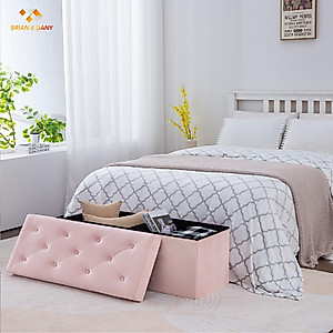 BRIAN & DANY 43 Inches Folding Storage Ottoman Bench, Velvet Ottoman with Storage for Living Room, Long Shoes Bench,Flannelette Footrest Benches Seat (Pink)