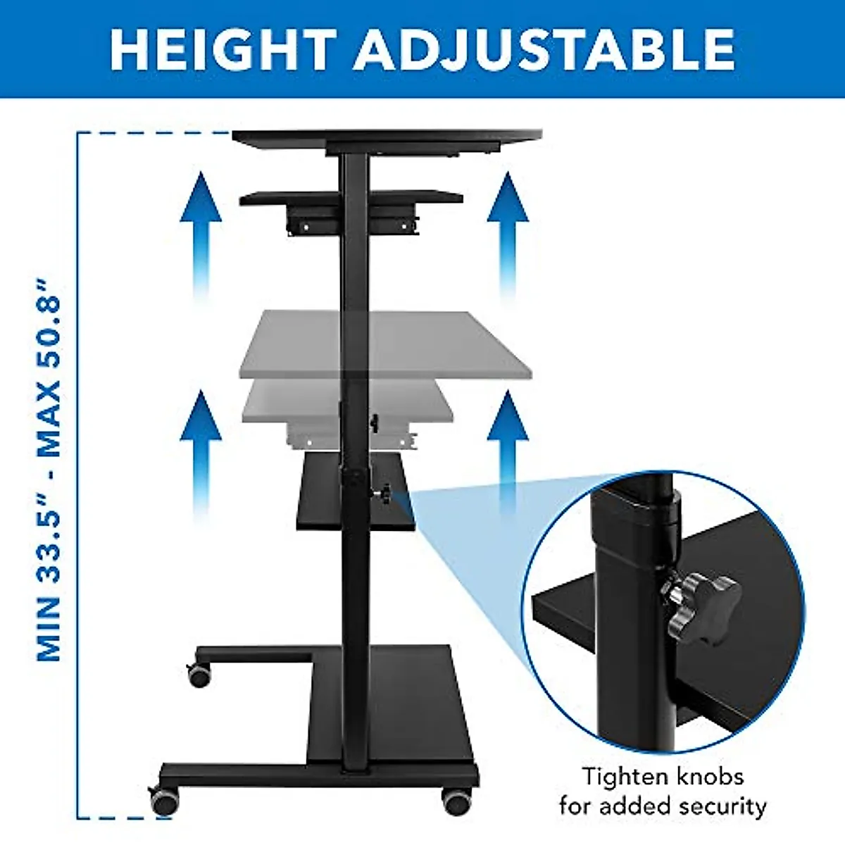 Mount-It! Mobile Standing Desk with Retractable Keyboard Platform | Height Adjustable Stand Up Computer Workstation | Locking Wheels, 99 Lbs Capacity