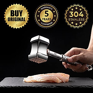Meat Tenderizer Stainless Steel - Premium Classic Meat Hammer - Kitchen Meat Mallet - Chicken, Conch, Veal Cutlets Meat Tenderizer Tool - Meat Pounder Flattener - Non-SLIP Grip with 5 years Warranty