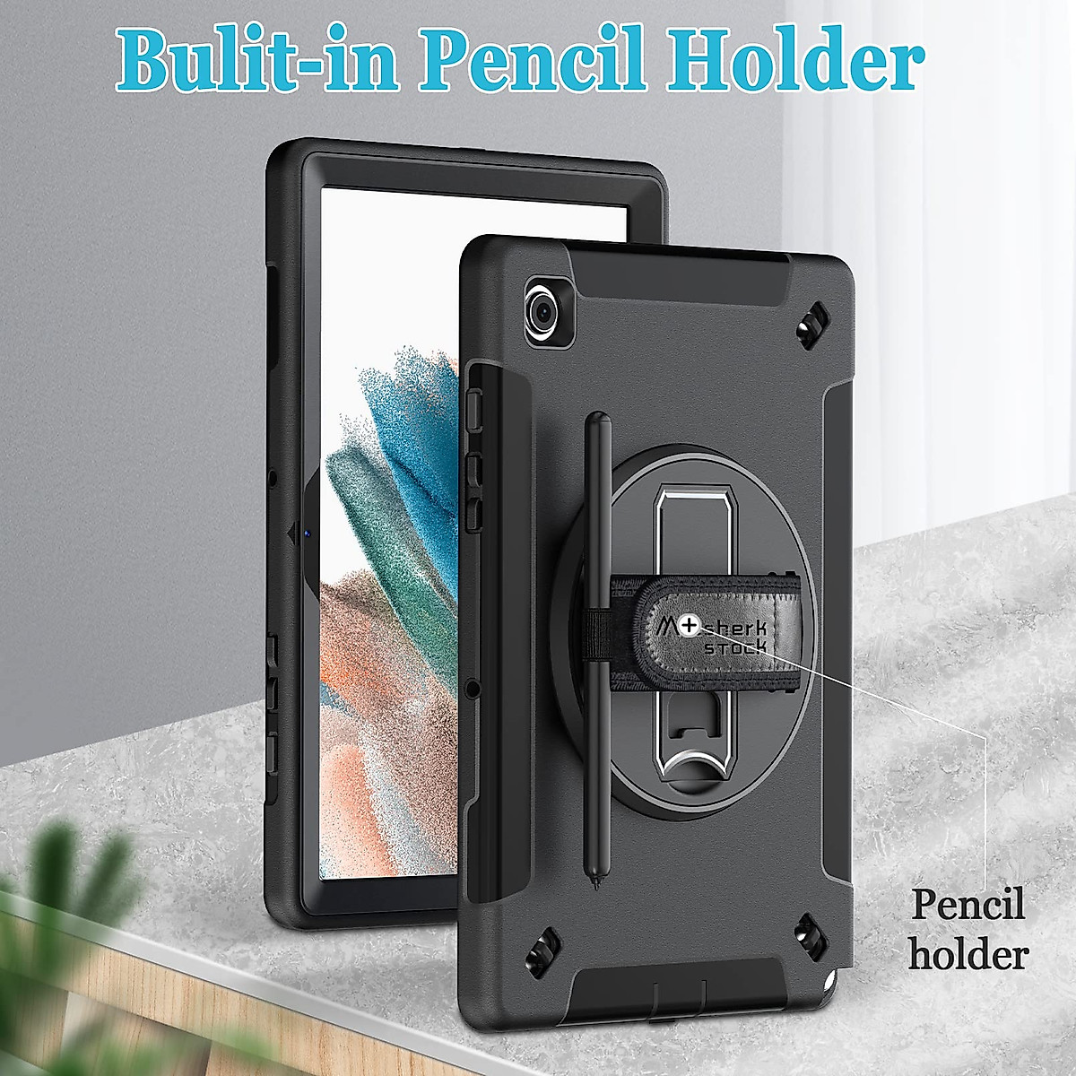 Case for Samsung Galaxy Tab A8 10.5 2022: Heavy Duty Rugged TPU Protective Cover for Tablet A8 5G (SM-X200/ SM-X205/ SM-X207) W/Stand+ Pencil Holder+ Handle+ Shoulder Strap -Black