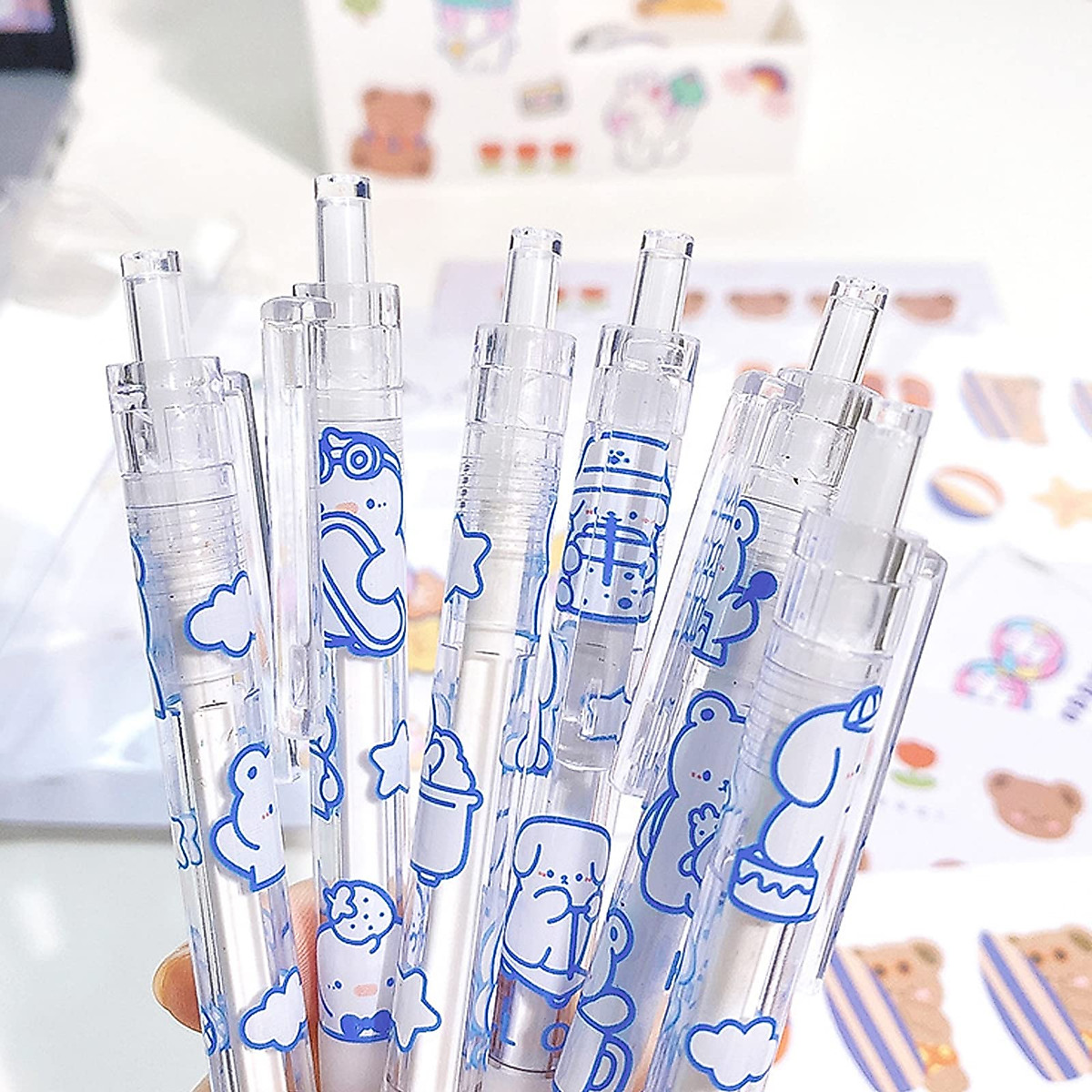 LSLSHY Cute Pens Black Ink Retractable 0.5mm Gel Pens Bullet Point Pretty Nice Kawaii Office School Supplies Gifts for Kids Girls Boys Women Fun Pens for Journaling Pack of 6pcs（Little White Bear）