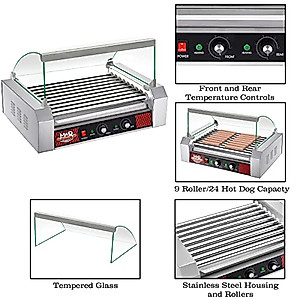 Great Northern Popcorn 9 Roller Hot Dog Machine with Tempered Glass Cover – Countertop Hot Dog Roller Makes Up to 24 Hotdogs, Brats, or Sausages