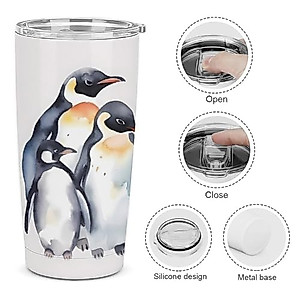20 Oz Tumbler With Straw Leak Proof Thermos Cup, Animal Penguins Watercolor Pattern Stainless Steel Insulated Travel Coffee Mug Fit for Car Cup Holder