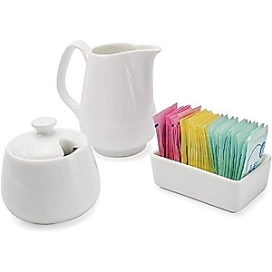 Darware Sugar and Creamer Set - 3-Piece Set w/Cream Pitcher, Sugar Bowl, Sweetener Packet Holder, White Ceramic Tea/Coffee Set