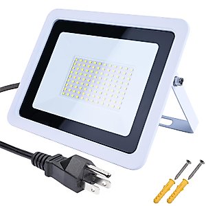 MIWAT 100W LED Flood Light, Landscape Light with US Plug, Super Bright IP68 Waterproof Outdoor Safety Work Light, Used in Gardens, Roofs, Shops (White Shell, Cool White)