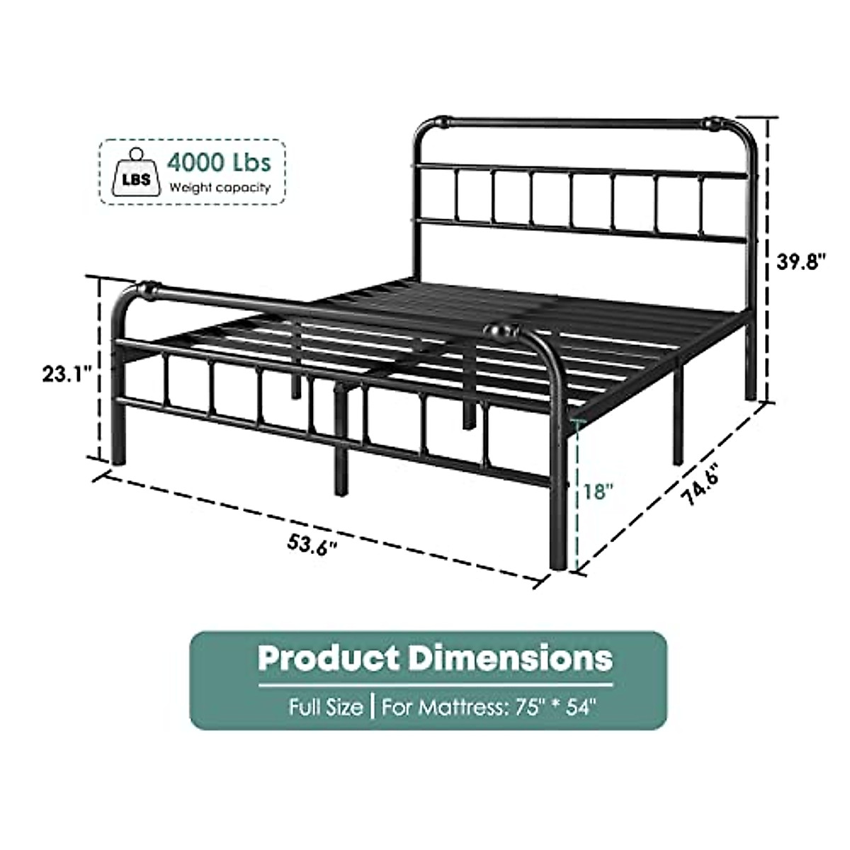 FSCHOS Full-Size-Bed-Frame-with-Headboard and Footboard, 18 Inch Metal Platform , Premium Steel Heavy Duty Bed Frame Full No Box Spring Needed, Easy Assembly, Black