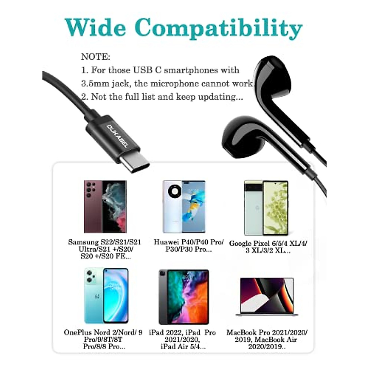 USB C Earphones, DUKABEL USB Type C Headphones with Microphone, 4FT USB C In-Ear Earbuds for Samsung S21 S22 S23 DAC Stereo USB C Wired Earbuds for Android Smartphone Galaxy S20 FE Note 20 Pixel 7 Pro
