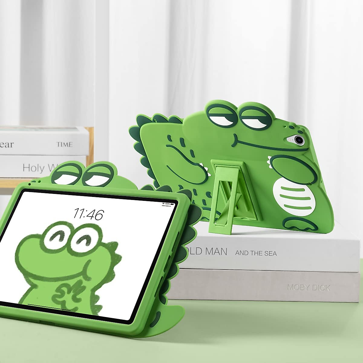 Laetass Cartoon Silicone Child Protective Cover for 2021 iPad Mini 8.3" 6th Gen A2567 A2568 A2569 with Adjustable Stand Cover, Cute Cartoon Little Dinosaur Design Shockproof Silicone Case (Green)