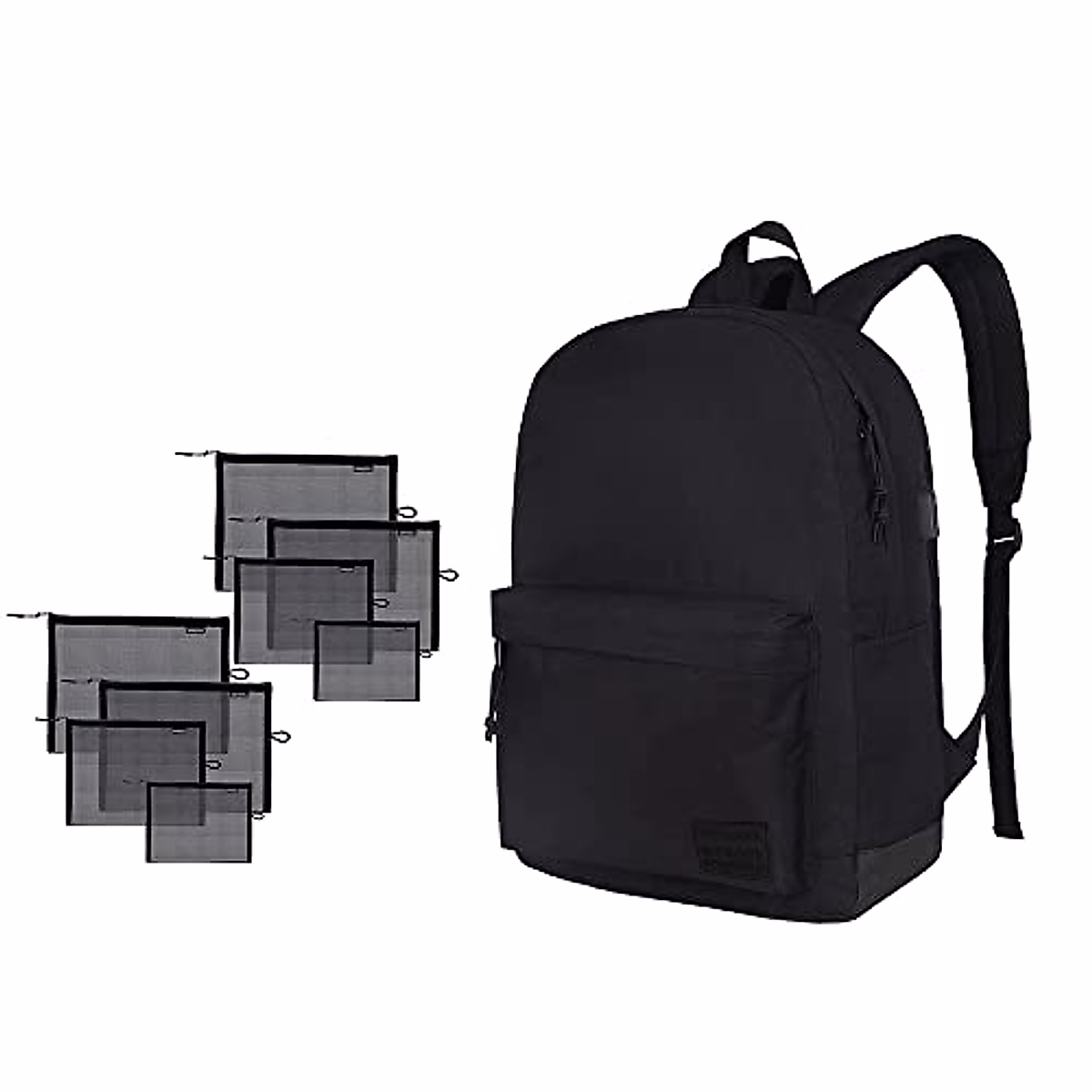 SUPACOOL Lightweight Casual Laptop Backpack with USB Charging Port and Set of 8 Black Travel Mesh Organizer Bags