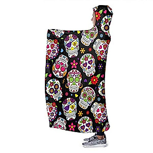 JASMODER Sugar Skull Hoodie Blanket Wearable Throw Blankets for Couch Blanket Hooded for Baby Kids Men Women