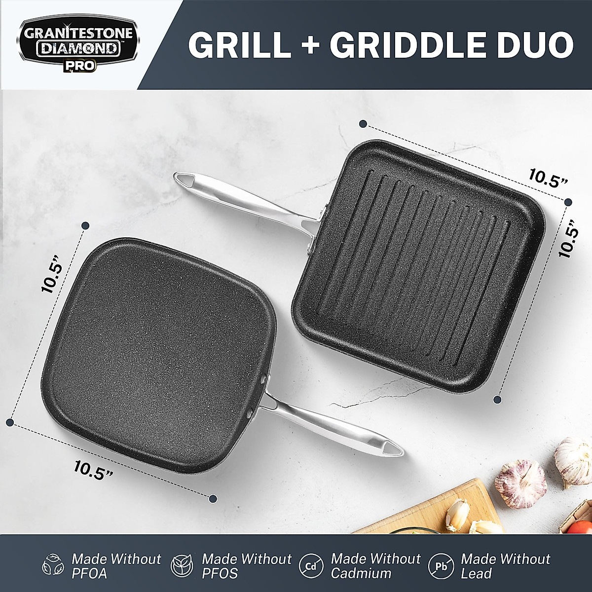 Granitestone 2 Pack Nonstick 10.5” Grill Pan + Flat Griddle Pan for Stove Top with 3x Coated Surface Perfect for Eggs Pancakes Steaks and More, Stove Top Griddle for Gas Grill, Oven Safe, PFOA Free
