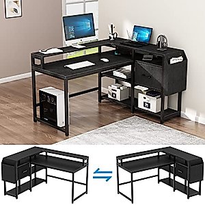 Loomie Reversible L Shaped Computer Desk with Drawer, 55" W x 41" D Industrial Corner Computer Desk with 4 Tier Storage Shelves & Monitor Stand and Storage Bag, Study Table for Home Office, Black