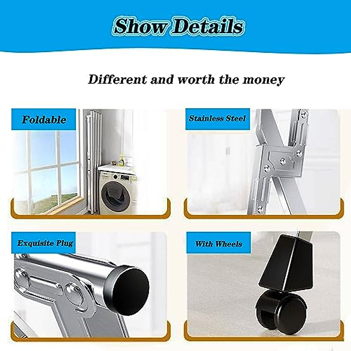 ATYUJKB Laundry Room Collapsible Clothes Drying Rack, Five Pole Drying Rack Stainless Steel, Laundry Stand Organizer with Wheels, Clothes Drying Rack Outdoor (200cm/79in)