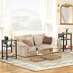 Cyclysio End Table Set of 2 with Charging Station, 3 Tier Small Nightstand with Storage Shelf, Slim Side Table with USB Ports & Outlets, Modern Sofa Bedside Table for Bedroom, Living Room, Gray Oak