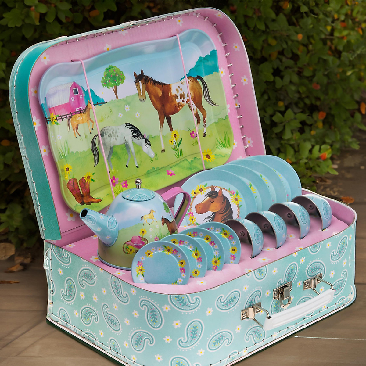 Jewelkeeper Toddler Toys Tea Set for Little Girls - 15 Pcs Tin Tea Set for Kids Tea Time Includes Teapot, 4 Tea Cup and Saucers Set and 4 Snack Plates , Horse Tea Party Set with Carrying Case