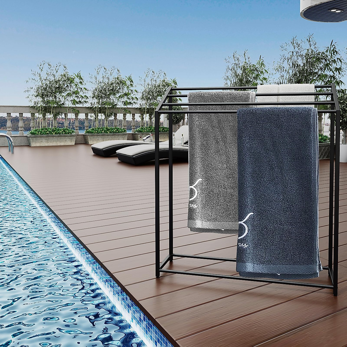 Bathroom Free Standing Towel Rack,Large 4 Tiers Metal Towel Bar Stand for Pool,Oversized Bath Towels Drying Rack Floor Blankets Rack (Black)