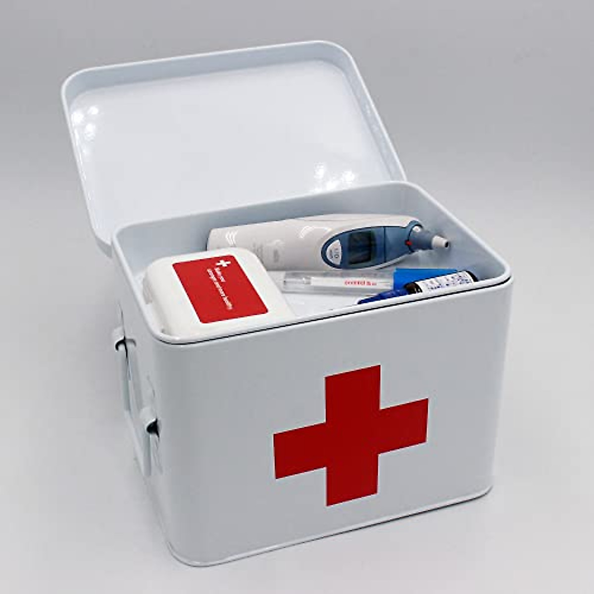 Funly mee Vintage First aid Box for Home, Medicine Tin, Empty White Metal Medicine Storage Box (Medium-8.2 × 6 × 6 inches)