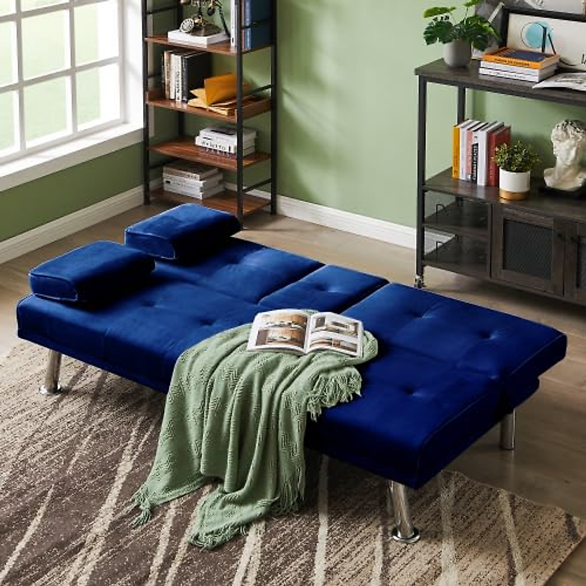 Modern Futon Sofa Bed, Convertible Folding Sleeper Couch for Compact Living Space, Velvet Upholstered Loveseat Couch Bed for Office Apartment, Dorm,2 Cupholders and Armrest, Metal Legs (Blue Velvet)