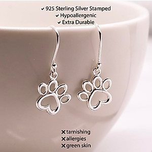 Hoops & Loops 925 Sterling Silver Puppy Dog Cat Pet Paw Print Love Heart Drop Dangle Hook Earrings for Women Men Teen Girls (Silver)