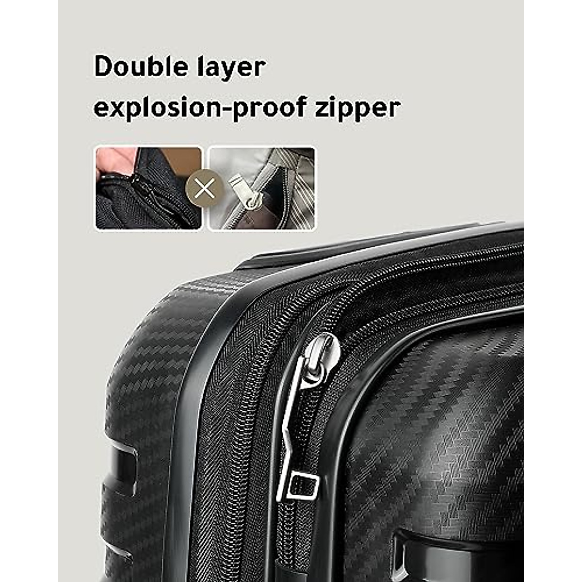 LUGGEX Carbon Fiber Pattern 3 Piece Luggage Sets - Impact-Resistant PP Material - High Rebound Toughness & Anti-Explosion Zipper (Black Suitcase Set)