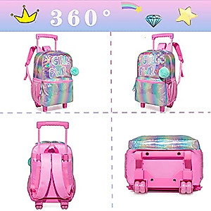 HTgroce 3 in 1 Pink Rolling Backpack for Girls, Kids Roller Wheels Bookbag, PWR Girls Backpack with Wheels Suitcase School, Wheeled School Bag and Lunch Bag & Pencil Case