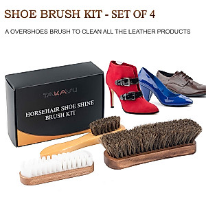 TAKAVU Shoe Shine Brushes Kit (4PCS) - 100% Soft Horsehair Bristles Brush, Polish Applicator, Crepe Suede Shoes Brush, Microfiber Buffing Cloth for Shoes, Leather, Boot, Cloth, Bag