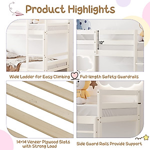 KOMFOTT Wood Bunk Bed Twin Over Twin, Bunk Bed with Ladder & Safety Guardrail, Solid Wood Bed Frame, Ideal for Dormitory & Multiple-Child Family, No Box Spring Needed, Kids Bunk Bed