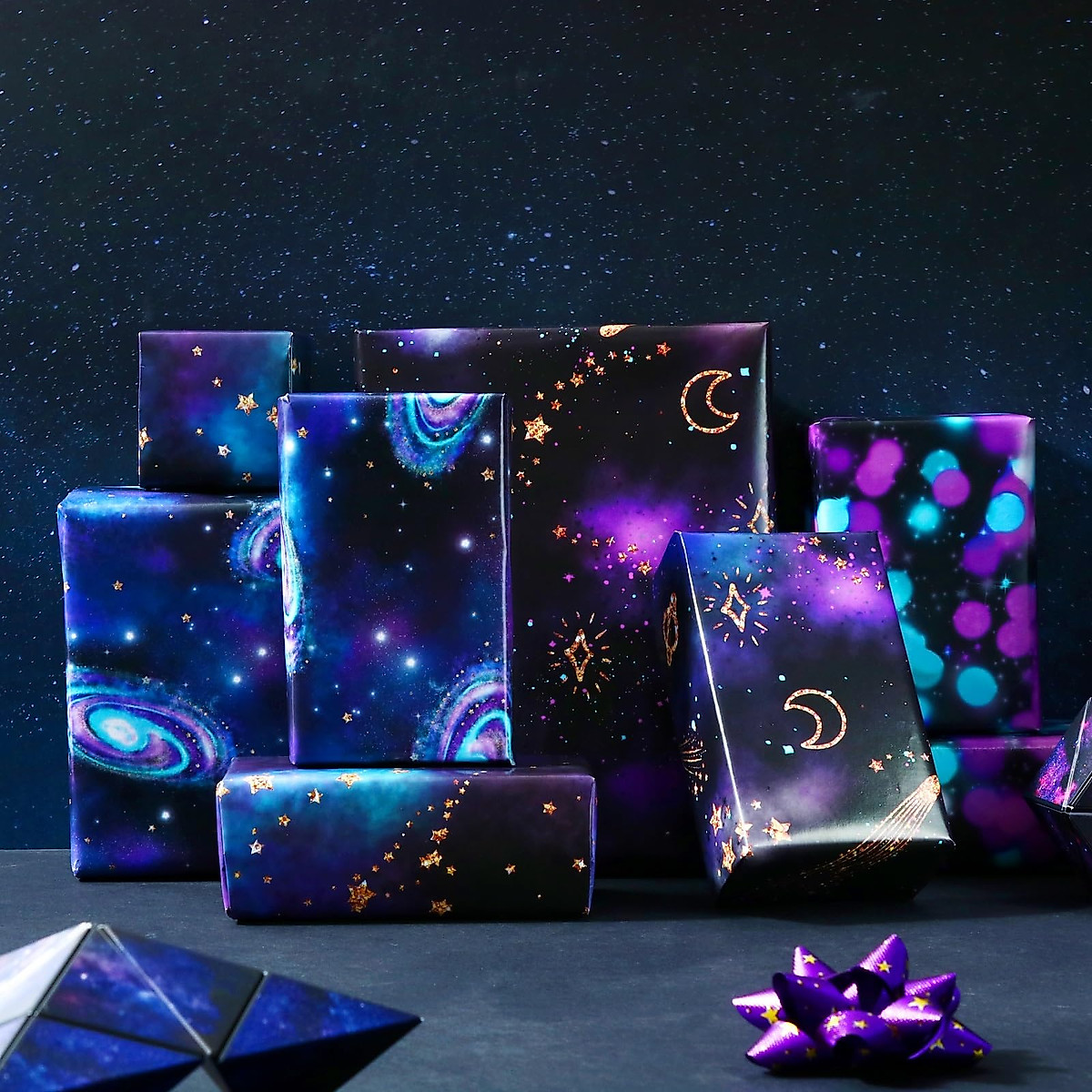 Dtiafu Galaxy Wrapping Paper for Girls Boys Women Men - 12 Sheets Space Gift Wrap Paper with Solar System Planet Sparks Meteors Constellations Great for Birthday Baby Shower - 20 x 28 Inches Per Sheet