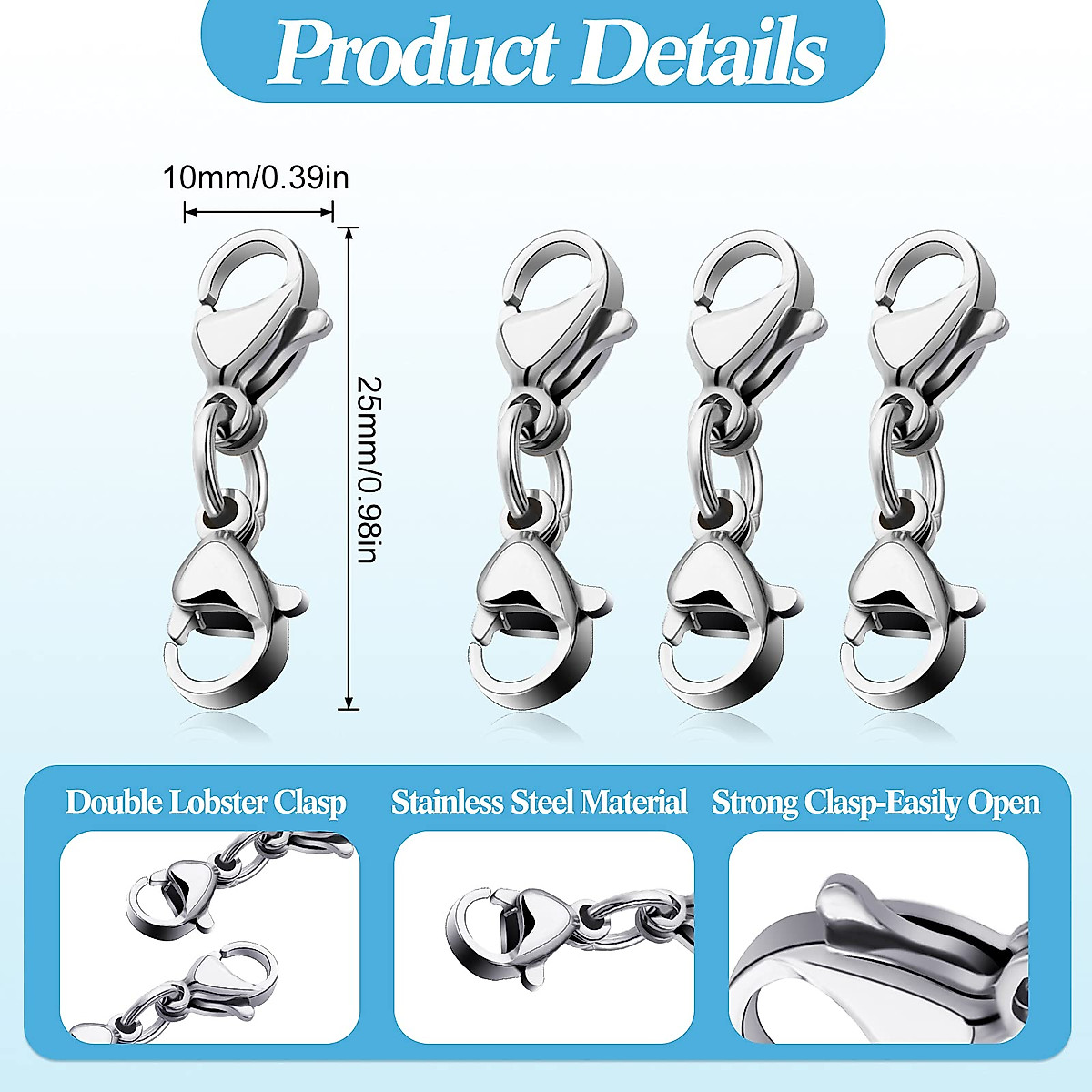 Double Lobster Clasp Extender Double Claw Connector Bracelet Extension Clasp Small Bracelet Extender Necklace Shortener Clasp for DIY Jewelry Making 0.98 Inch(Silver,0.98 Inch)