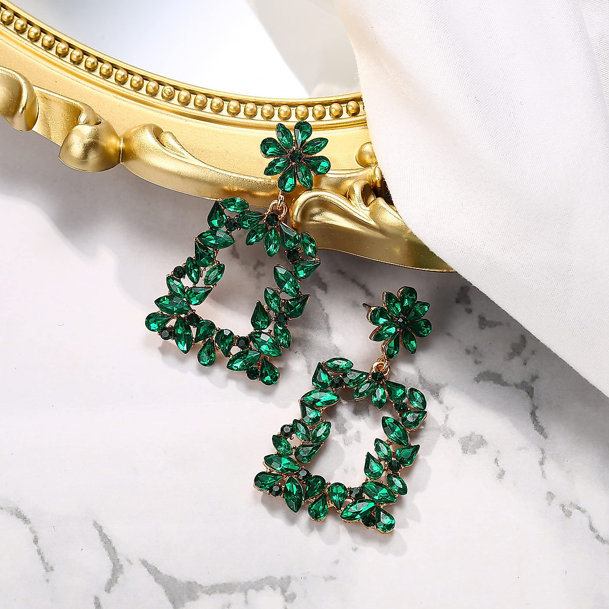 BriLove St.Patrick's Day Earrings Art Deco Sparkly Rhinestone Marquise Rectangle Flower Statement Dangle Earrings for Women Emerald Color Gold-Tone