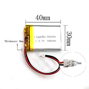 CaoDuRen Rechargeable 3.7V Li Lipo Lithium Polymer Ion Battery Pack with 2 Pin 2.0mm/1.25mm JST Connector (603040 600mAh 2.0Jst)