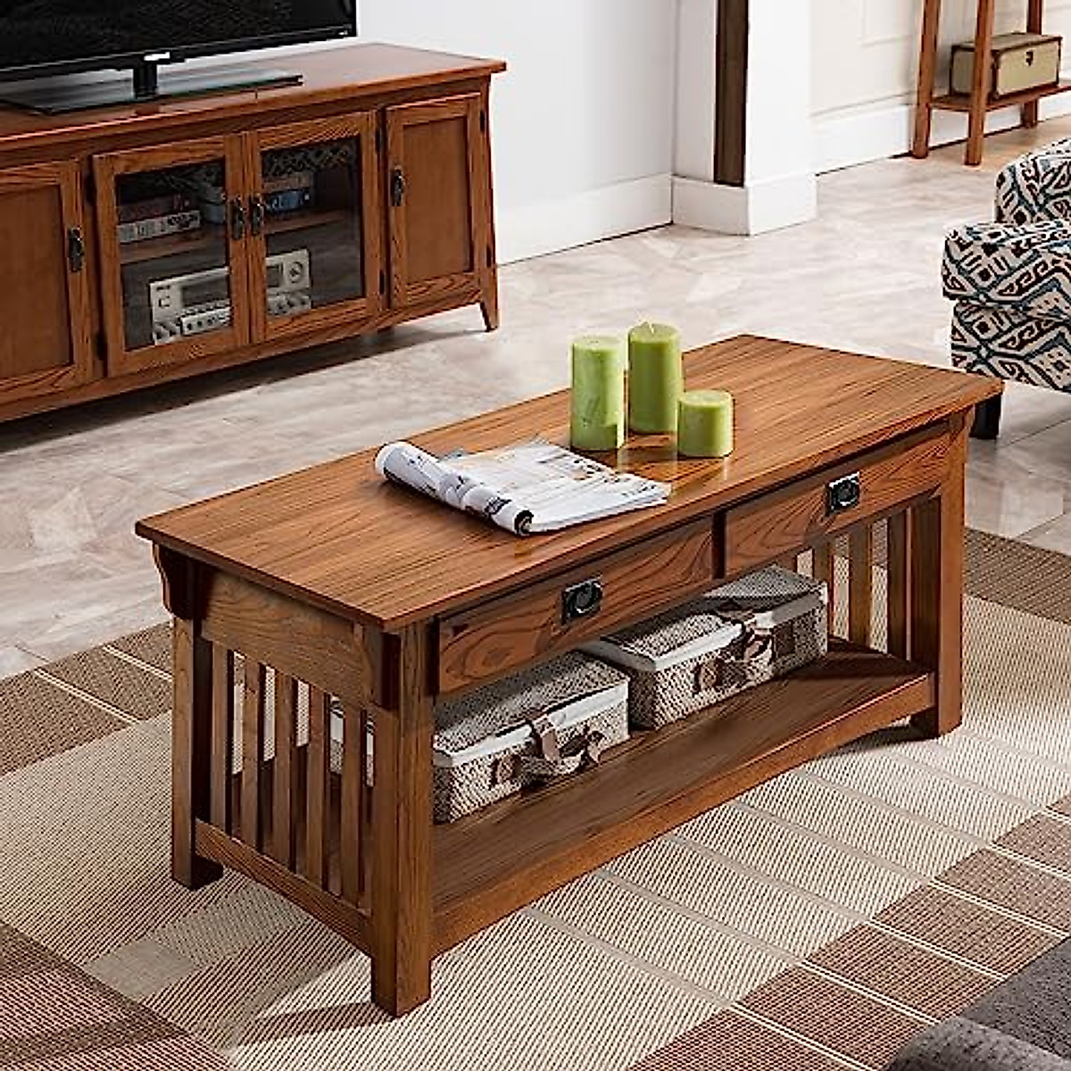 Leick Home 8204 Mission Impeccable Coffee Table for Living Room, Two Drawers and Shelf, Made with Solid Wood, Medium Oak Finish