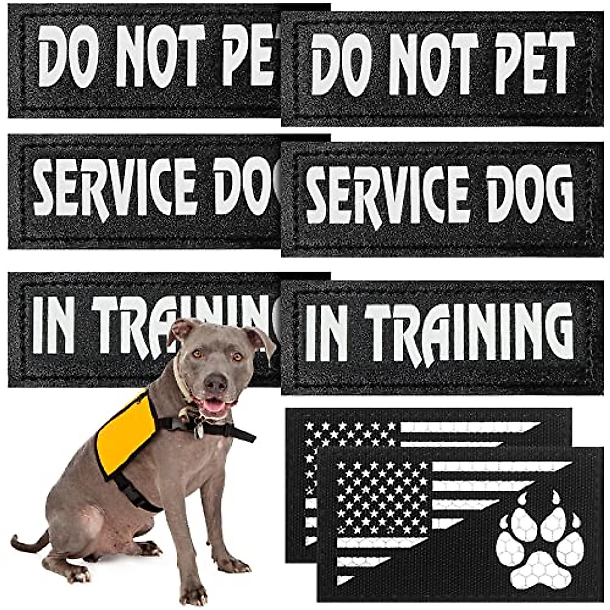 8 Pieces Service Dog Vest Patches Reflective Dog Patches in Training Dog Patches Do Not Pet and Dog Paw Patches Flag Removable Tactical Dog Harness Patches (Classic Patterns,4.3 x 1.6 Inch)
