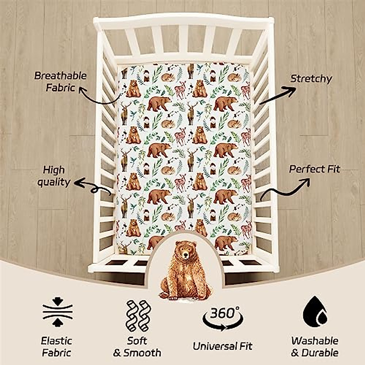 4 Pack N Play Sheets Woodland Forest Animals Wood Neutral Unisex Fitted Baby N Play Sheets Fitted for Standard Pack and Plays and Mini Cribs Set for Baby Boys or Girls