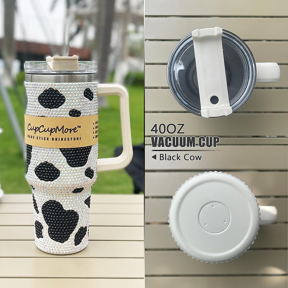Cupcupmore 40oz Black Cow Bling Rhinestone Stainless Steel Sippy Tumbler Glitter Vacuum Insulated Water Bottle with Straw & Lid & Handle,Thermos for Hot & Cold Drinks,Car Cup Holder,Coffee