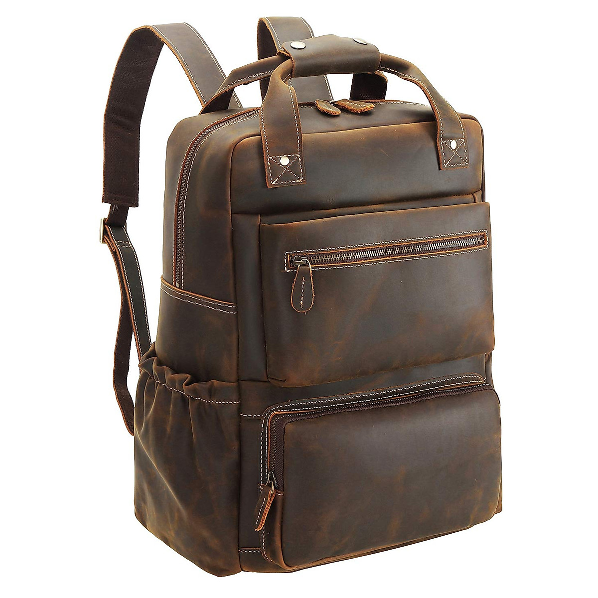 Polare Full Grain Leather 17.3‘’ Backpack Laptop Bag Camping Travel Rucksack Fits 15.6'' Laptop Dark Brown