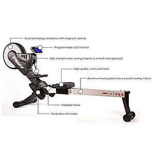 Stamina Pro Dual Air and Magnetic Resistance Rowing Machine Foldable w/Fitness Coaching App and Wireless Chest Strap Heart Monitor - Folding Rowing Machines for Home Use