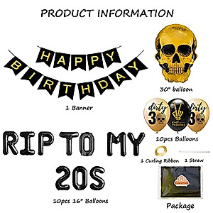 Geloar RIP To My 20s 30th Birthday Party Supplies, RIP TWENTIES Balloons Happy Birthday Banner for Death to My 20s Twenties RIP Youth Men Women Dirty 30 Funny 30th Bday Decorations Set of 24 PCS
