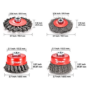 TILAX 4pcs Wire Wheel Cup Brush for Angle Grinder, 5/8 Inch-11 Threaded Arbor, 0.012" Coarse Carbon and 0.02" Knotted Carbon Steel Wire for 4 1/2 Angle Grinder for Heavy-Duty Rust,Paint Removal