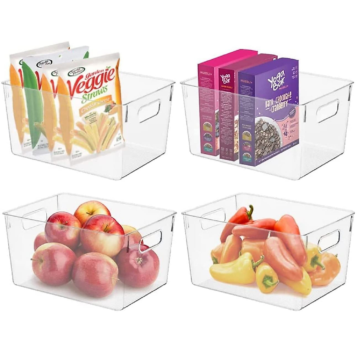 Homeries Pantry Organizer, Clear Storage Bins, for Kitchen, Pantry, Cabinets, for Storing Packets, Spices, Sauce, Snacks, Cans, Set of 4 11” x 8” x 6”