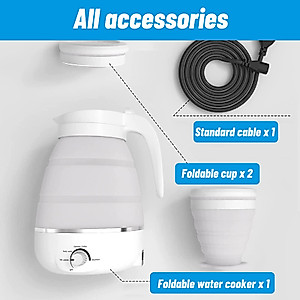600ml Travel Electric Kettle, Portable Travel Foldable Electric Kettle Home Collapsible 5 Different Temperature Silicone Water Boiler and Tea Pot for Camping (White)