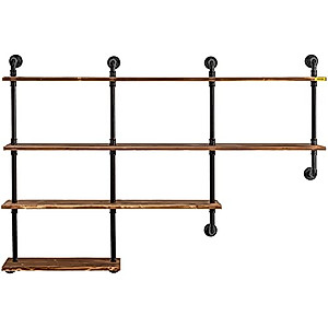 VEVOR Industrial Pipe Shelving, Pipe Shelves with 4-Tier Wood Planks, Rustic Floating Shelves Wall Mounted, Wall Shelf DIY Bookshelf for Bar Kitchen Bathroom Farmhouse Living Room, 63x50x11 inch