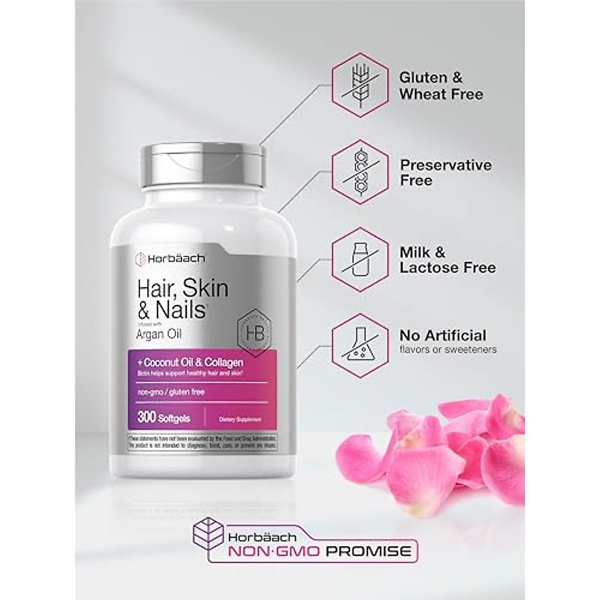 Horbäach Hair Skin and Nails Vitamins | 300 Softgels | with Biotin and Collagen | Infused with Argan Oil and Coconut Oil | Non-GMO, Gluten Free Supplement