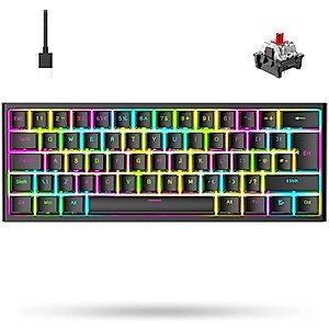 FELICON 60% Portable Mechanical Gaming Keyboard, 62 Keys Ultra-Compact Mini Keyboard, Red Switch, RGB Customization Backlit, Wired Type-C USB for for PC/Win/PS4/Xbox(Black)