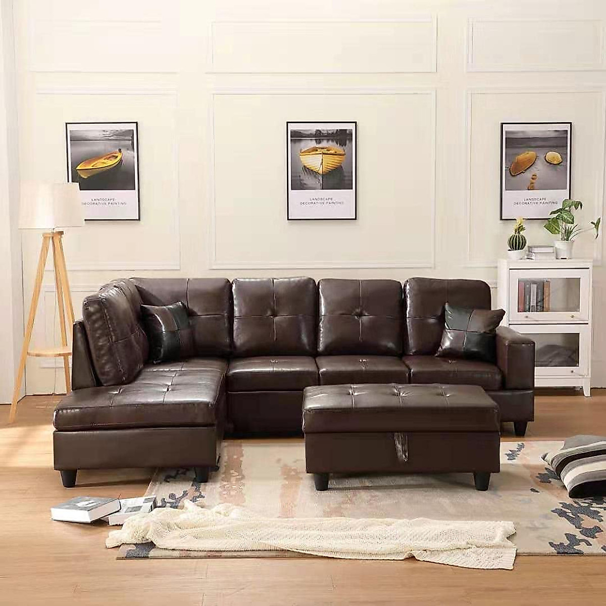 BIADNBZ Sectional PU Faux Leather Sofa L-Shaped Couch with Left Chaise Lounge, Storage Ottoman and 2 Pillows for Living Room Apartment Office, Brown