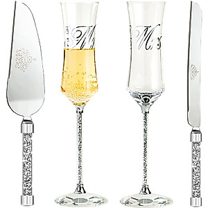 iooiluxry Wedding Champagne Flutes and Cake knife Server Set, Mr and Mrs Champagne Flutes, Bride and Groom Champagne Glasses and Cake Cutting set for Wedding Gifts