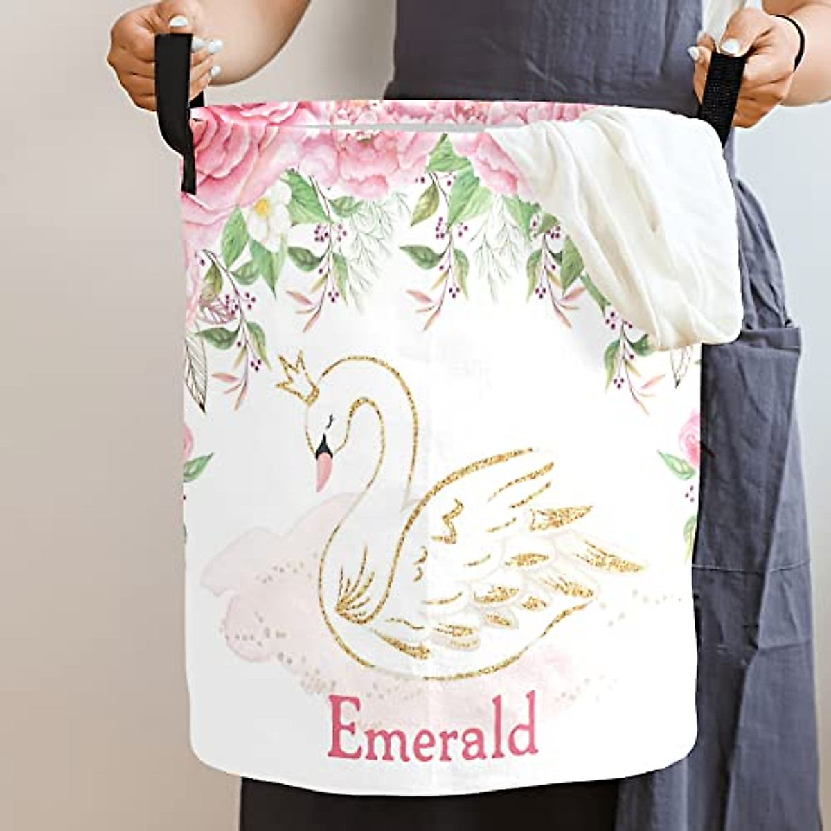 Personalized Watercolor Fantasy Floral Swan Waterproof Laundry Basket Handles Collapsible Hamper Storage Basket for Office Bathroom