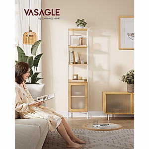 VASAGLE 6-Tier Bookcase, Slim Bookshelf with PC Door, Freestanding Storage Shelf with Metal Frame, Adjustable Shelf, for Living Room, Oak Beige and Pearl White ULLS123W57