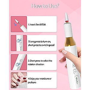 Nail Drill, Cordless Electric Nail Files for Gel Nails Efile Manicure Kit for Women Rechargeable Wireless Drill para Uñas Profesional Nail Drill Machine Nail Grinder for Acrylic Gel Nails White