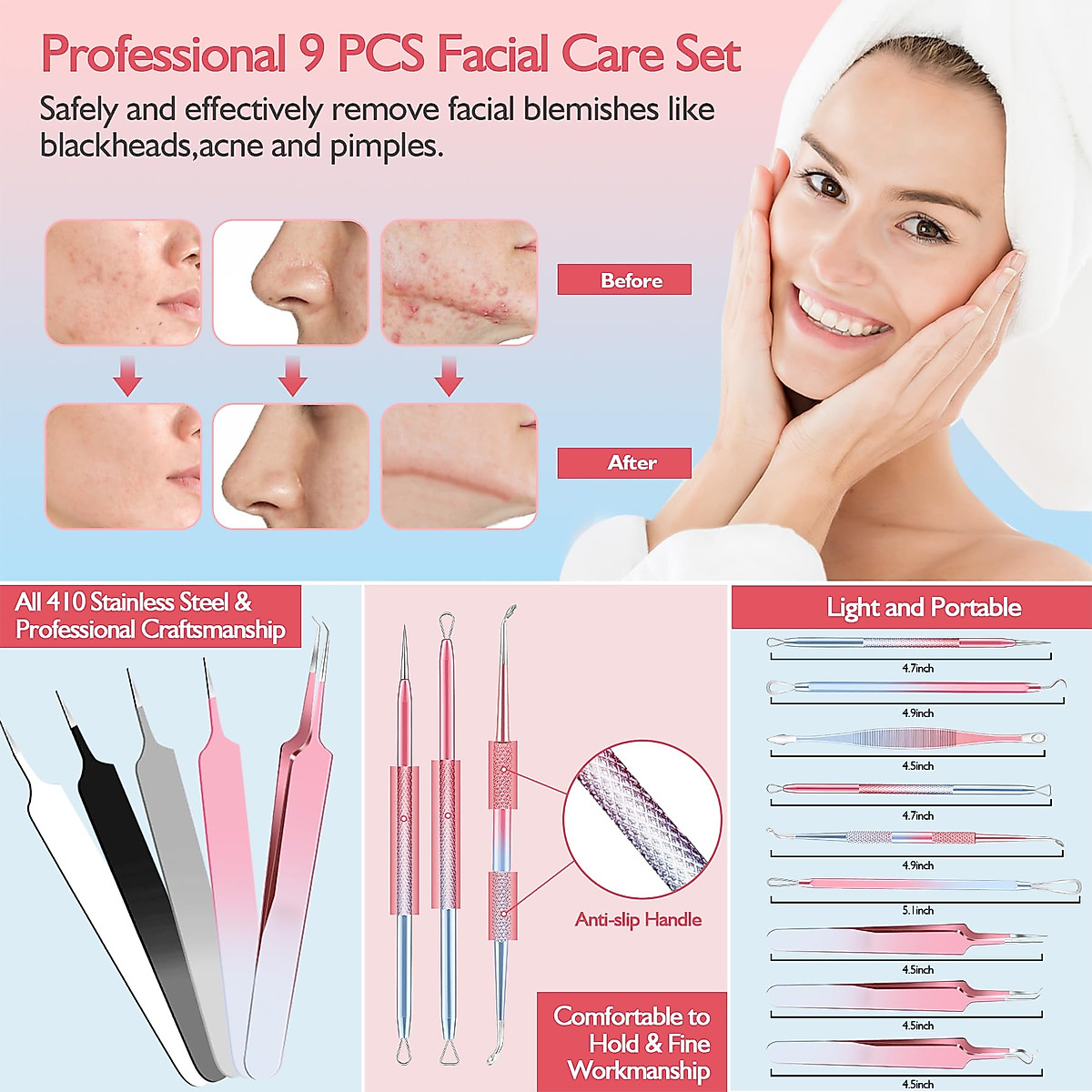 Kresecioo 9 PCS Blackhead Remover Tools, Pimple Popper Tool Kit, Acne Tools Extractor Kit Professional for Nose Face, Blemish Whitehead Zit Popping Tool with Portable Leather Bag(Pink)